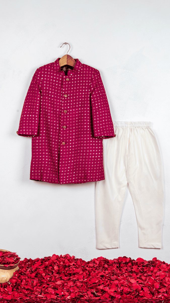 Pre-Order: Wine Thread Embroidered Sherwani– Peonyy Kids