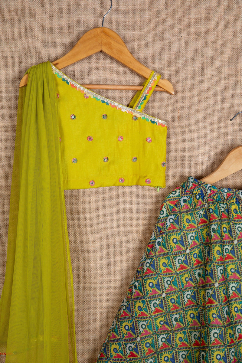 Pre-Order: Mirror work Top with Printed Lehenga and Dupatta– Peony Kids ...
