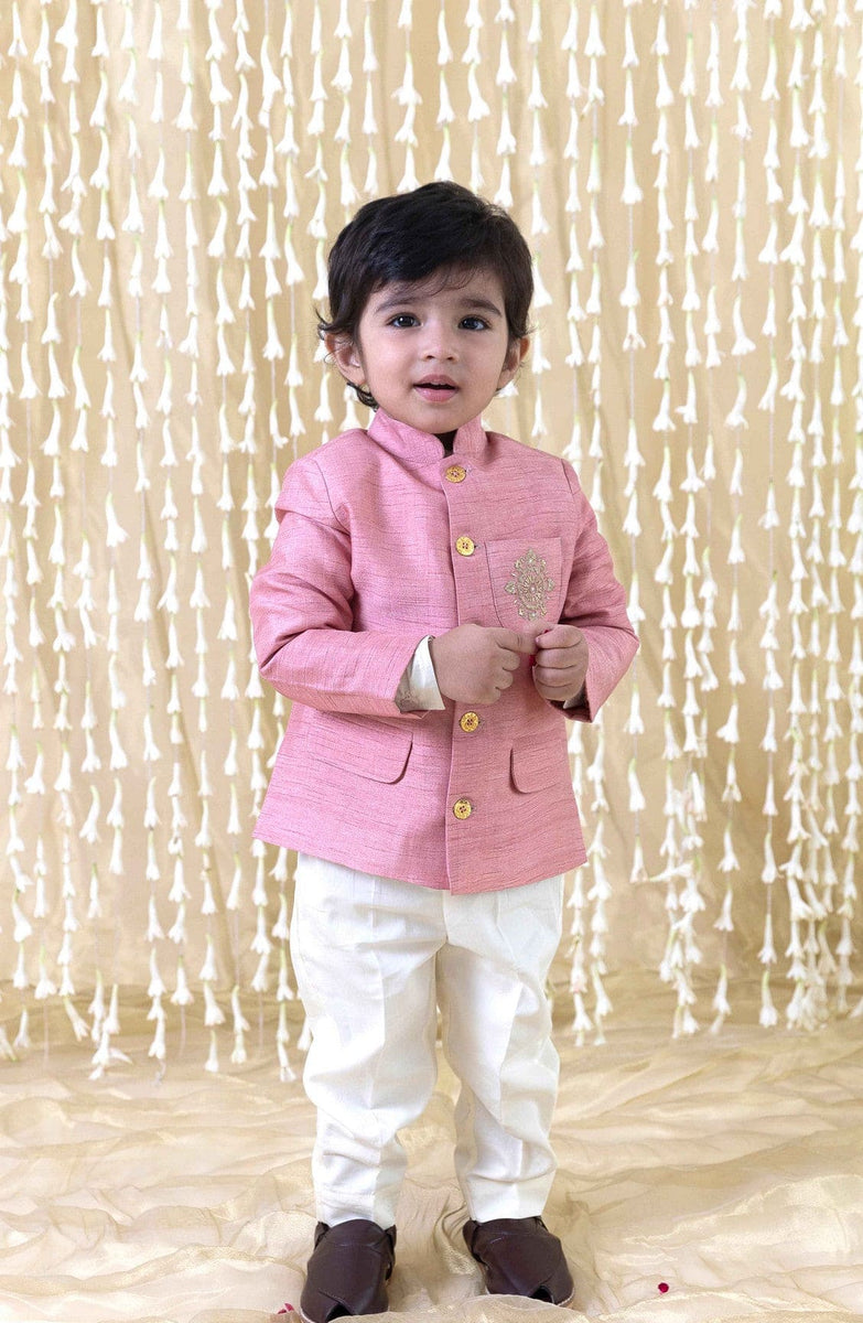 Pre-Order: Baby Boy Silk Bandhgala-Pink– Peony Kids Couture