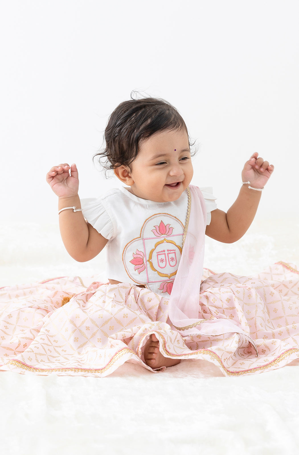 Pre-Order: Baby Girl Lotus Embroidery Lehenga Set-White– Peonyy Kids