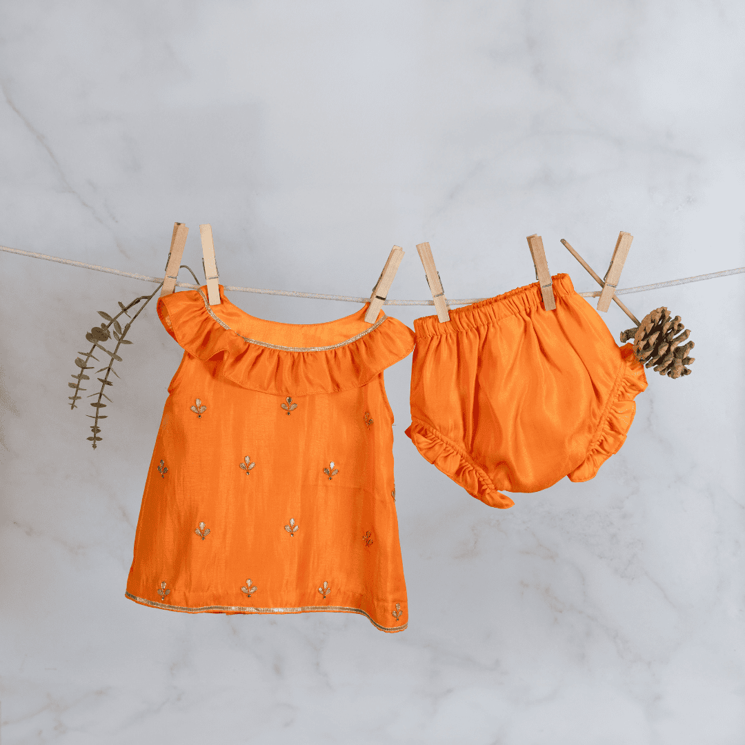 Pre-Order: ORANGE GOTA FROCK WITH BLOOMERS– Peony Kids Couture