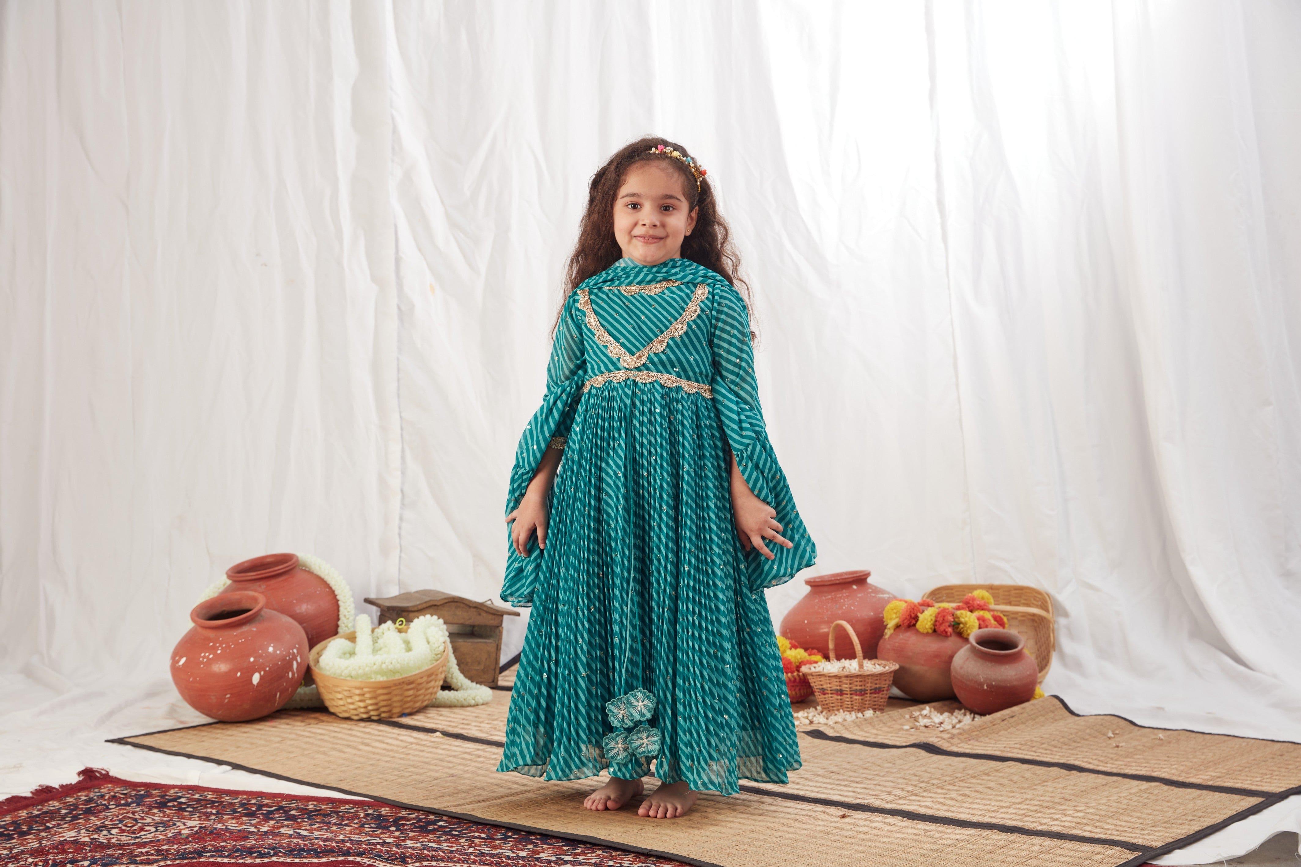 Pre-Order: Turquoise Leheriya Angrakha– Peony Kids Couture