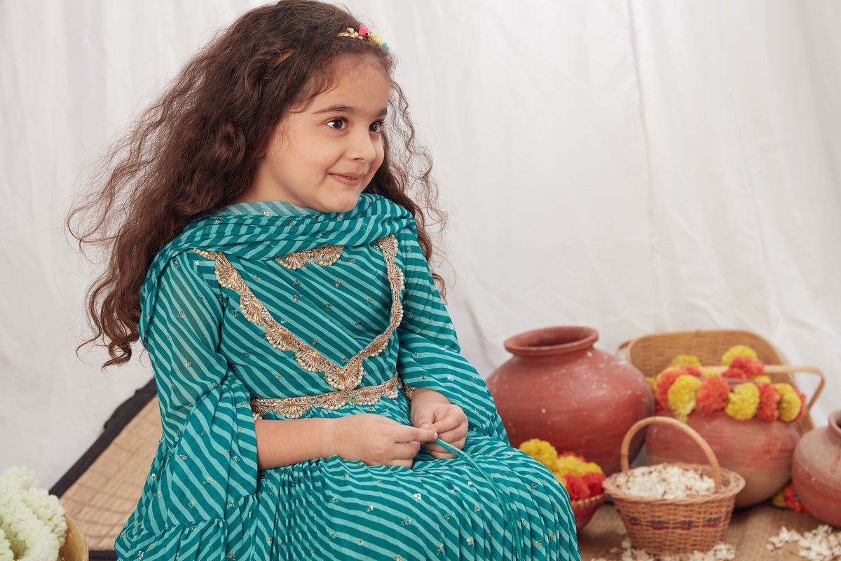 Pre-Order: Turquoise Leheriya Angrakha– Peony Kids Couture