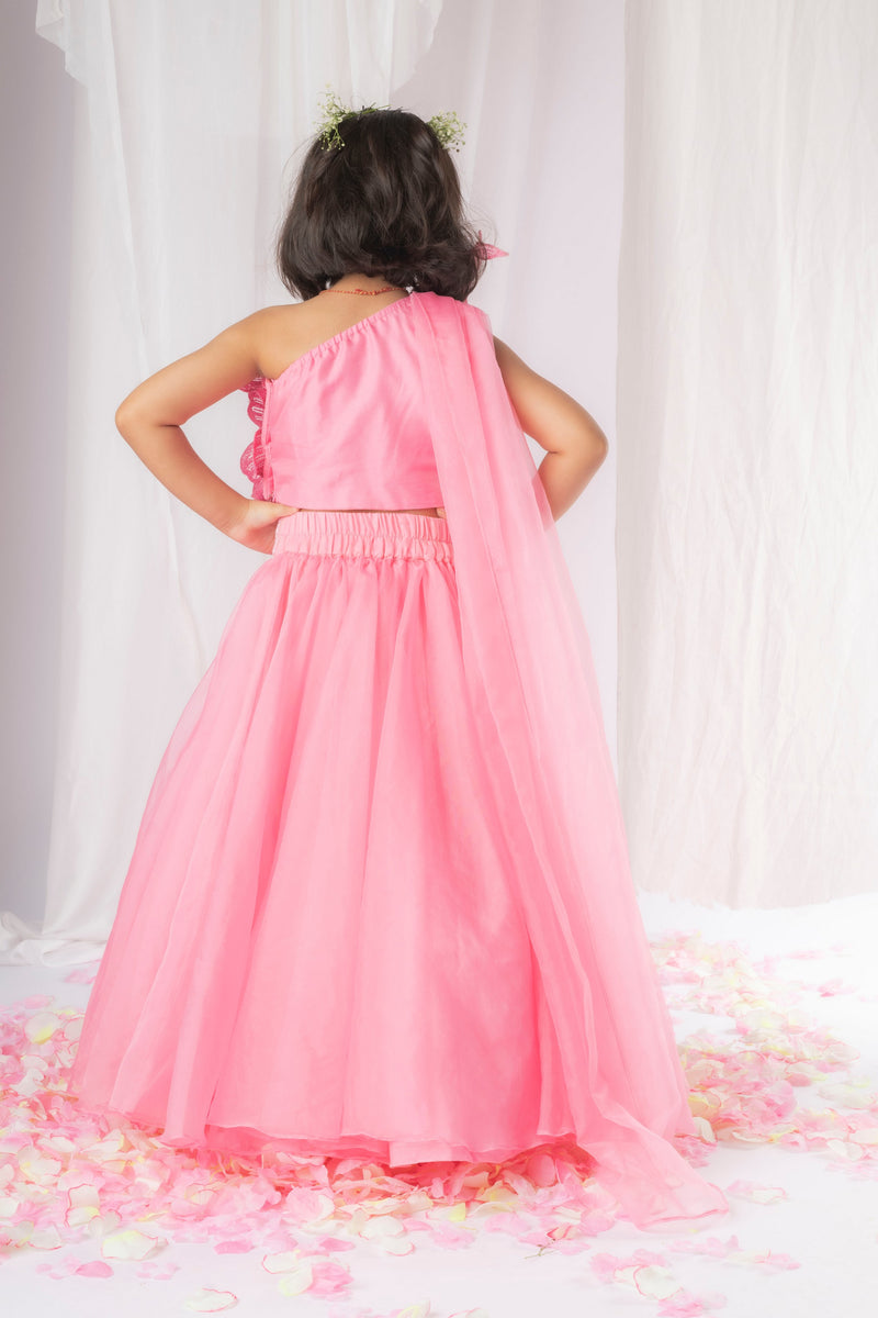 Pre-Order: Pink 3D flower Drape Dupatta Ghaghra Set– Peony Kids Couture