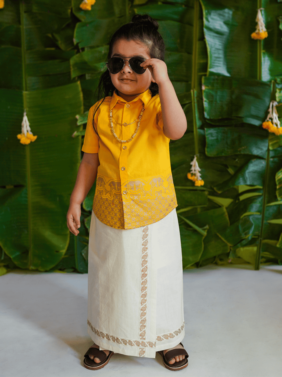 Boys Mundu Dhoti Shirt Set-Yellow– Peonyy Kids
